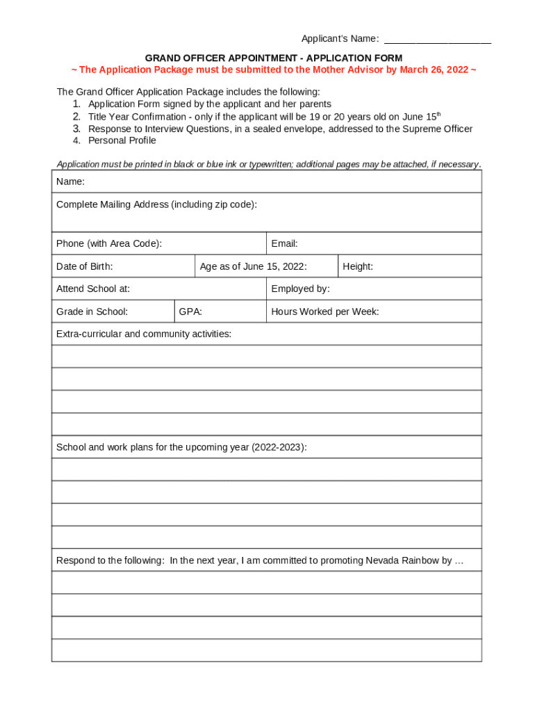 GRAND OFFICER APPOINTMENT - APPLICATION Doc Template | pdfFiller