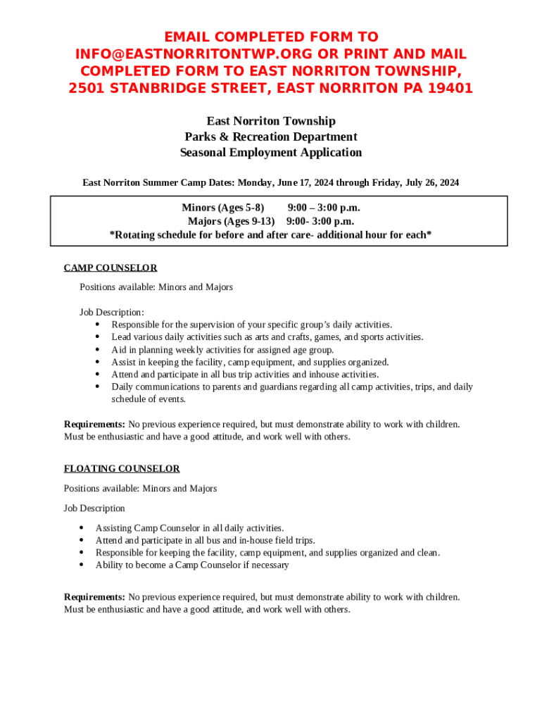 Summer Camp Counselor Employment Application Doc Template | pdfFiller