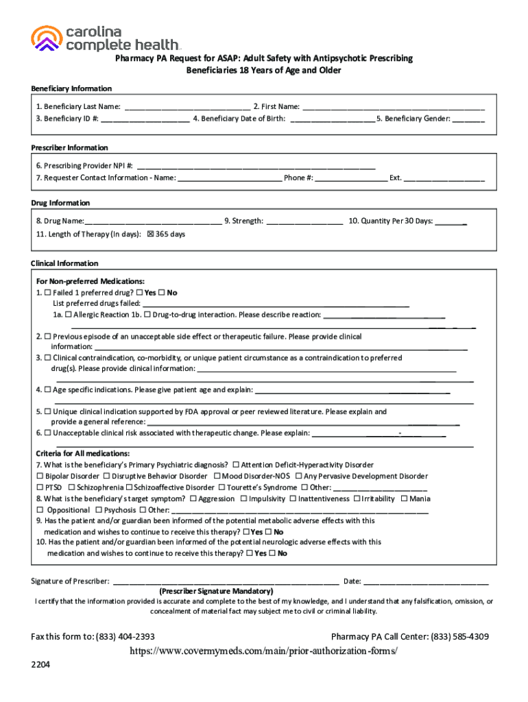 Fillable Online Antipsychotic Prior Authorization Form - For Patients ...