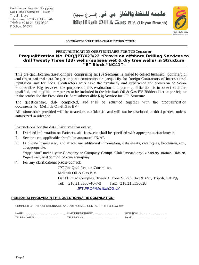 PREQUALIFICATION QUESTIONNAIRE FOR TCS Contractor Doc Template | pdfFiller