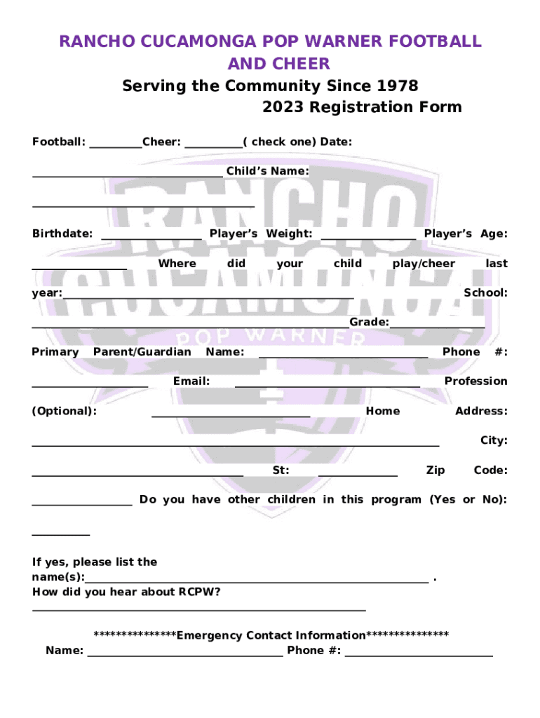 Rancho Cucamonga Pop Warner Football & Cheer Doc Template | pdfFiller