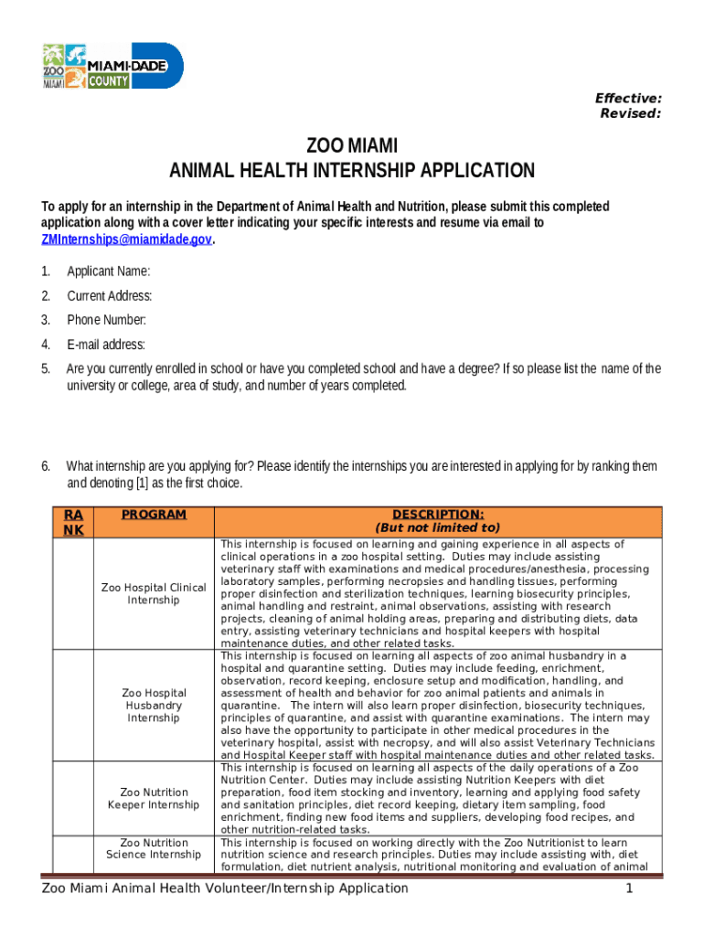 zoo miami animal health internship application Doc Template | pdfFiller