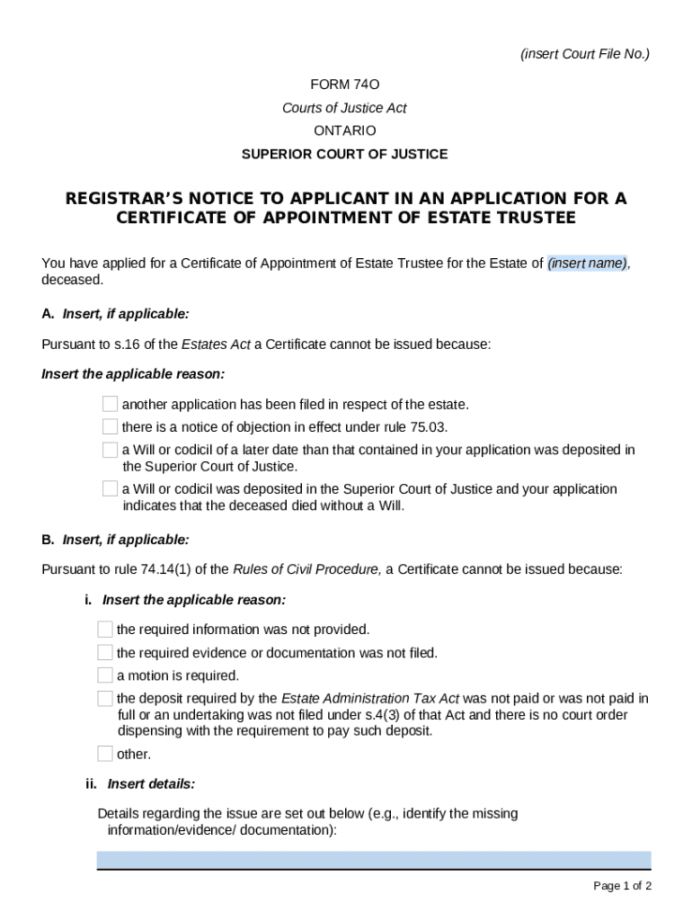 RCP-E 74O. Registrar's Notice to Applicant in an Application for a ...