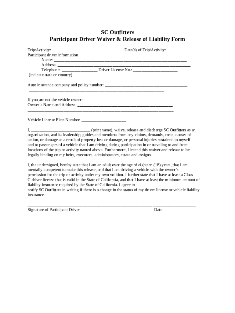 SC Outfitters Participant Driver Waiver & Release of ... Doc Template ...