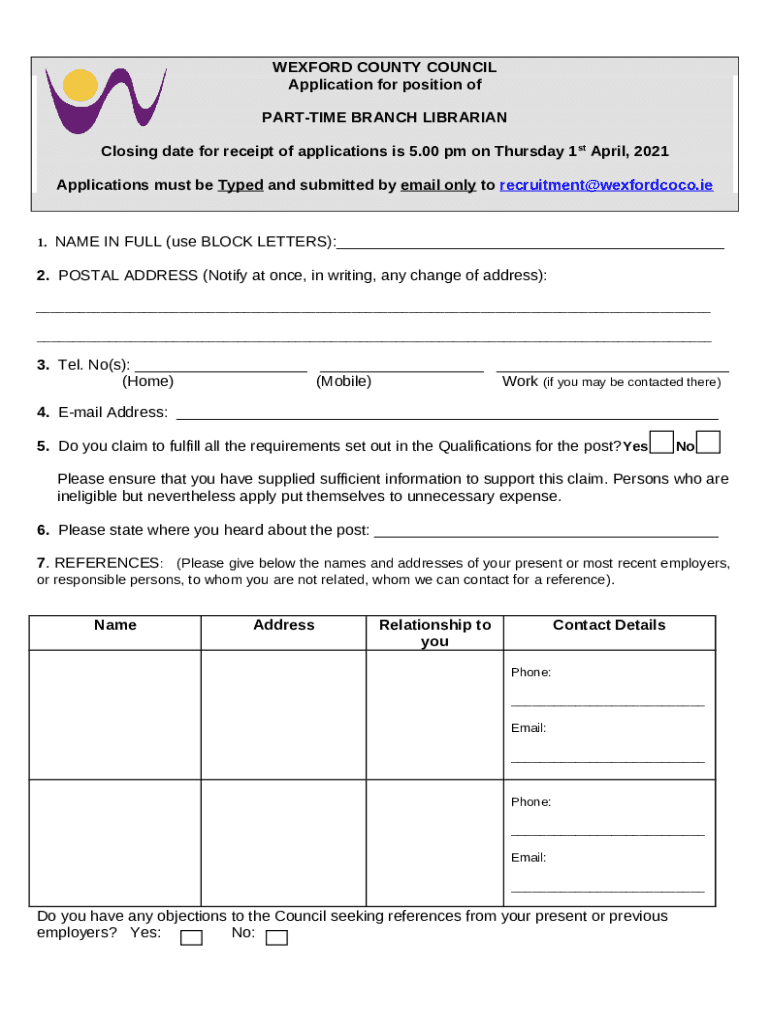 Part-time-Branch-Librarian-Application-. ... Doc Template | pdfFiller
