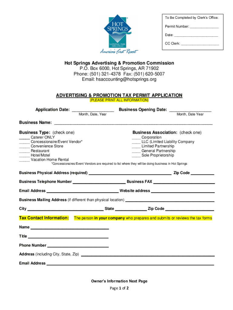 Fillable Online advertising & promotion tax permit application Fax ...