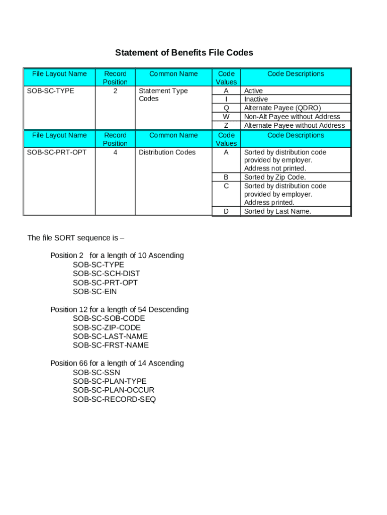 Statement of Benefits File Codes Doc Template | pdfFiller