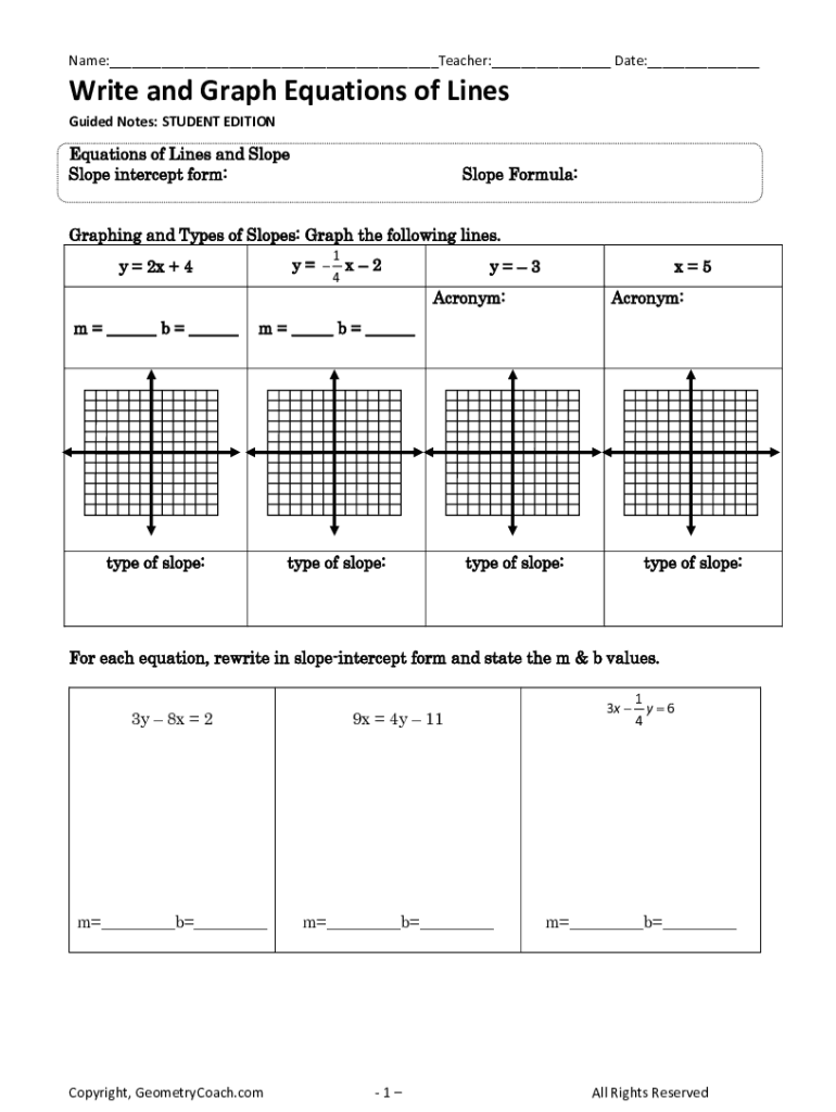 Fillable Online Slope-Intercept Form Part 1 - Graphing and Writing the ...