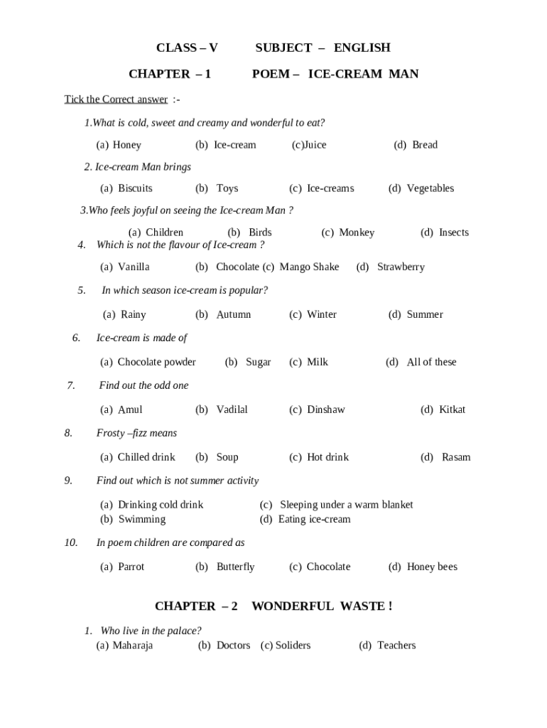 NCERT Solutions for Class 5 English Chapter 1 Ice Cream ... Doc Template | pdfFiller