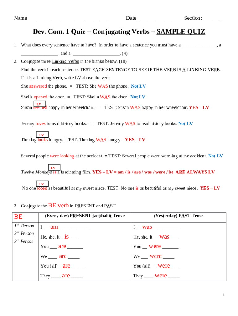 Conjugating VerbsSAMPLE QUIZ Doc Template | pdfFiller