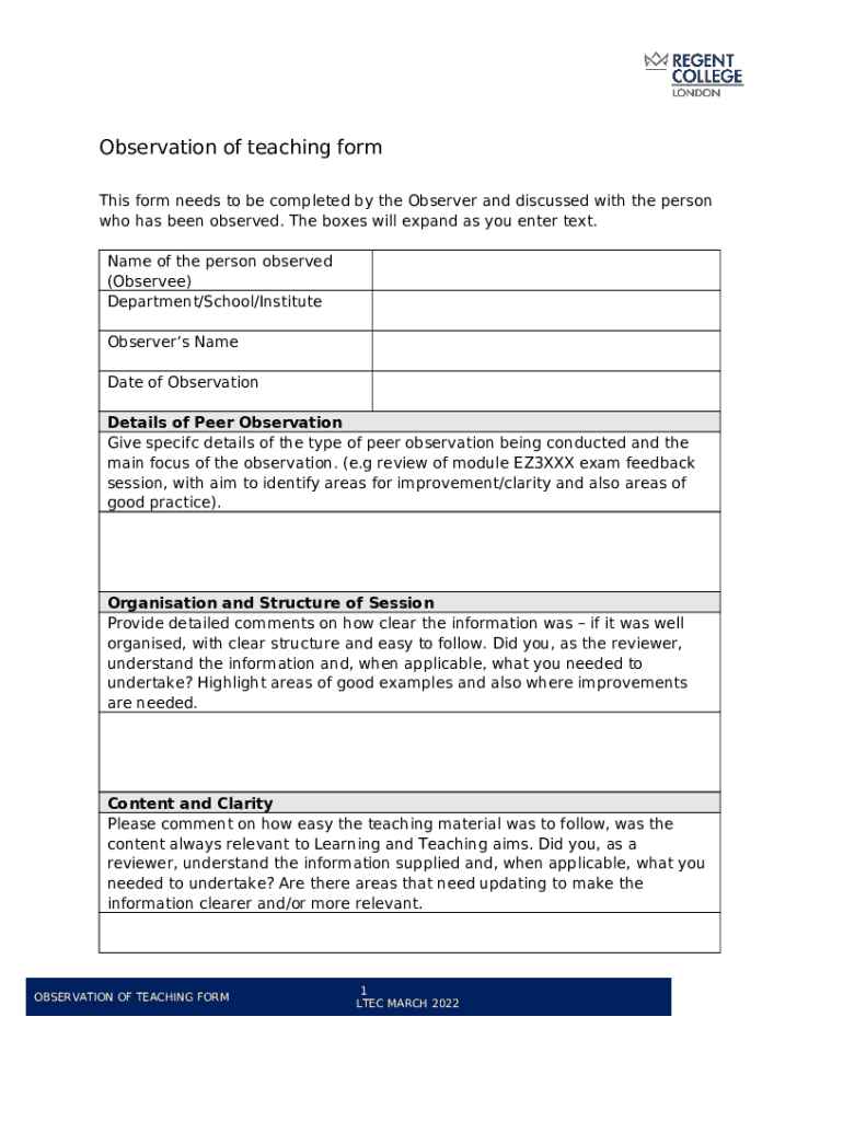 observation of teaching Doc Template | pdfFiller