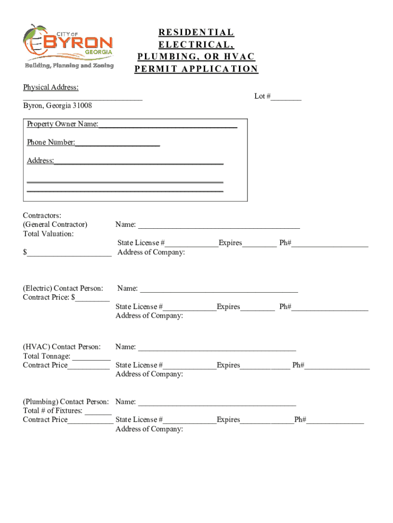 Fillable Online Residential Electrical Plumbing HVAC Permit Application ...