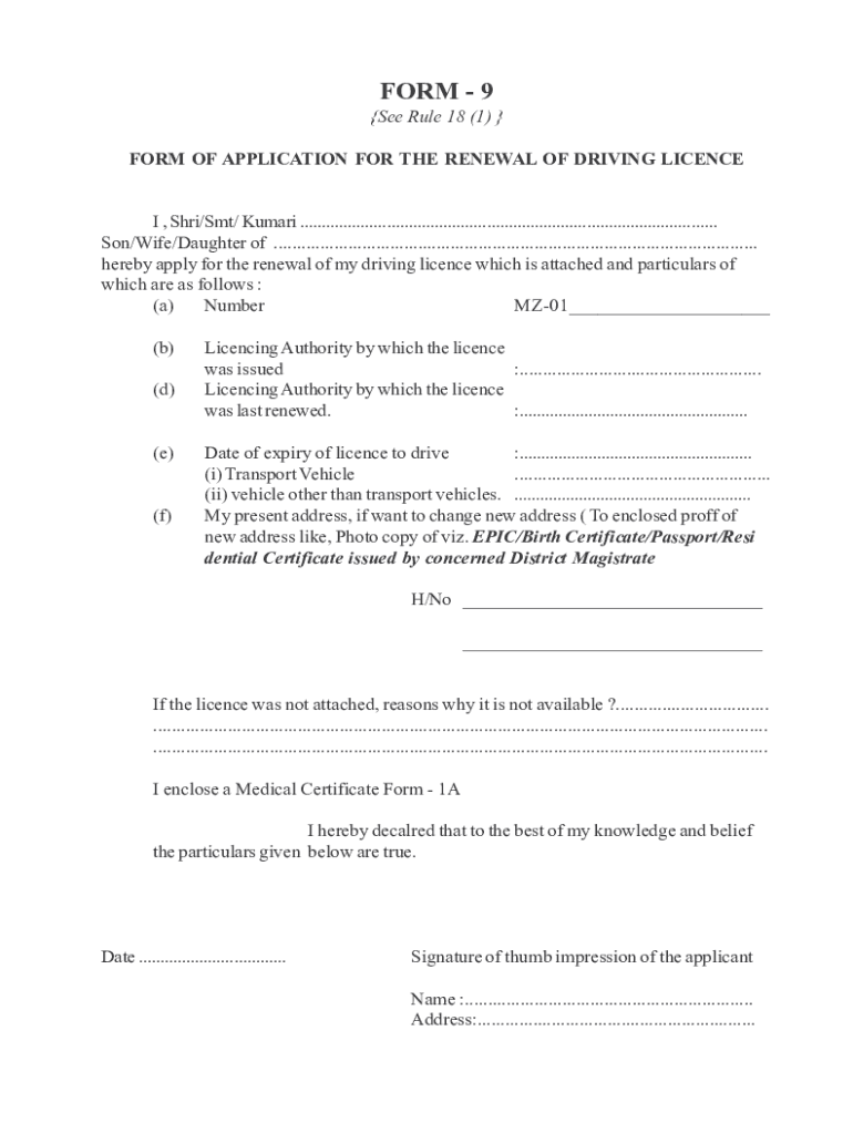 Fillable Online Form 9 Form of Application For The Renewal of Driving ...