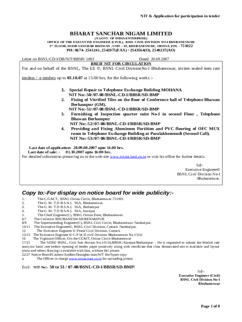 Bharat Sanchar Nigam Limited in Janpath,Bhubaneshwar Doc Template | pdfFiller