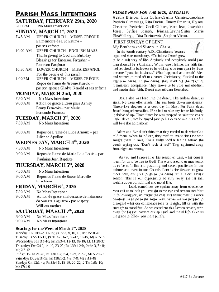 Parish Mass Intentions SATURDAY, JANUARY 25 th , 2020 Doc Template ...