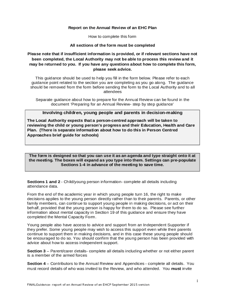 Education, Health and Care Plan Annual Review Guidance ... Doc Template | pdfFiller