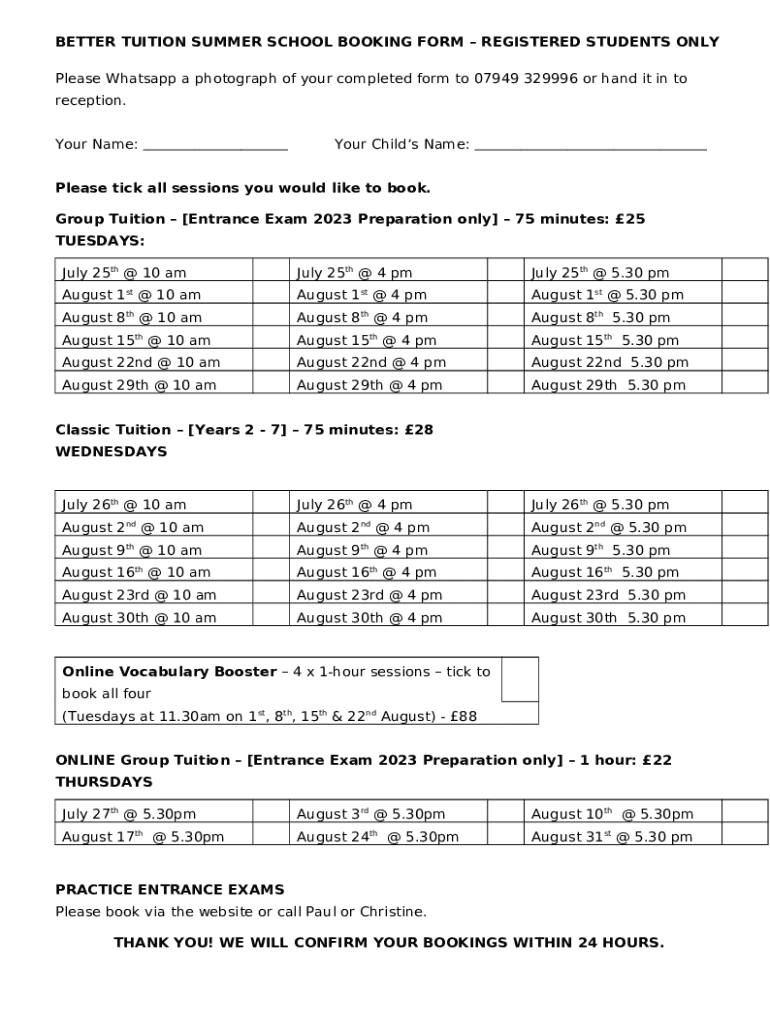 summer-school-booking- Doc Template | pdfFiller