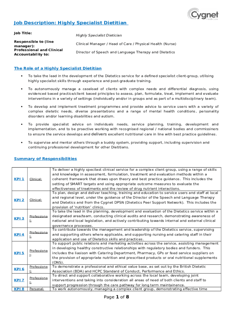 Clinical Dietitian Job Description Sample Template Doc Template | pdfFiller