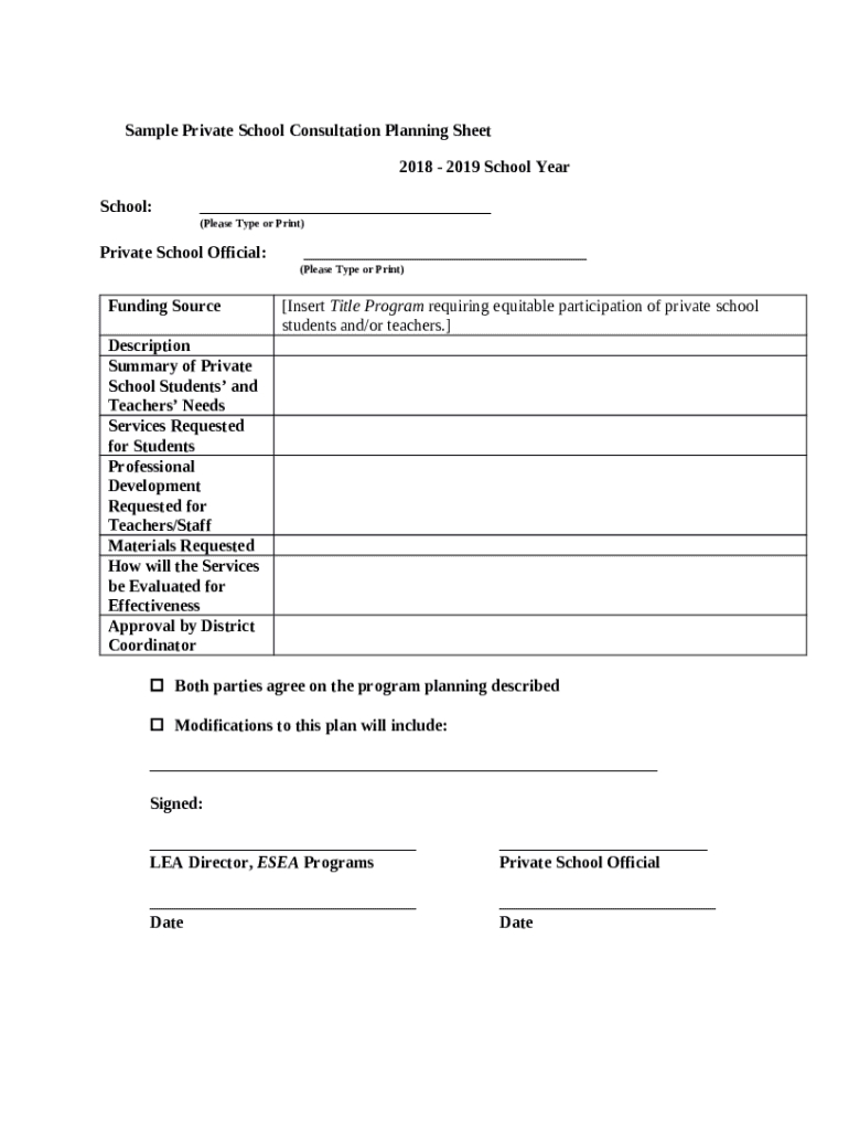 Sample Private School Consultation Planning Sheet Doc Template | pdfFiller