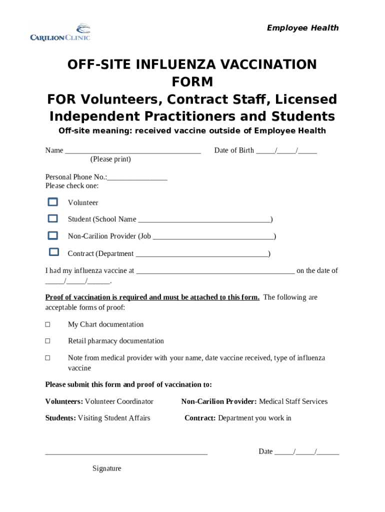 Influenza Vaccination Form - Blank Fillable Template | Fill Out, Print ...