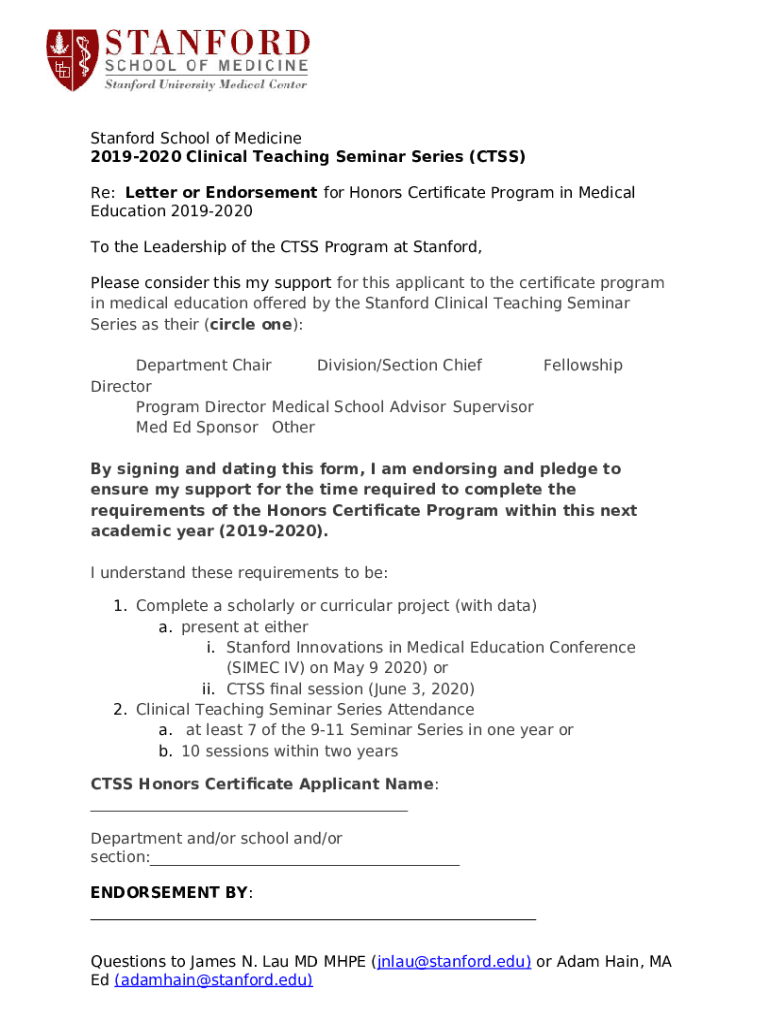 Honors Scholars Certificate Program - Stanford Medicine - med stanford Doc Template | pdfFiller