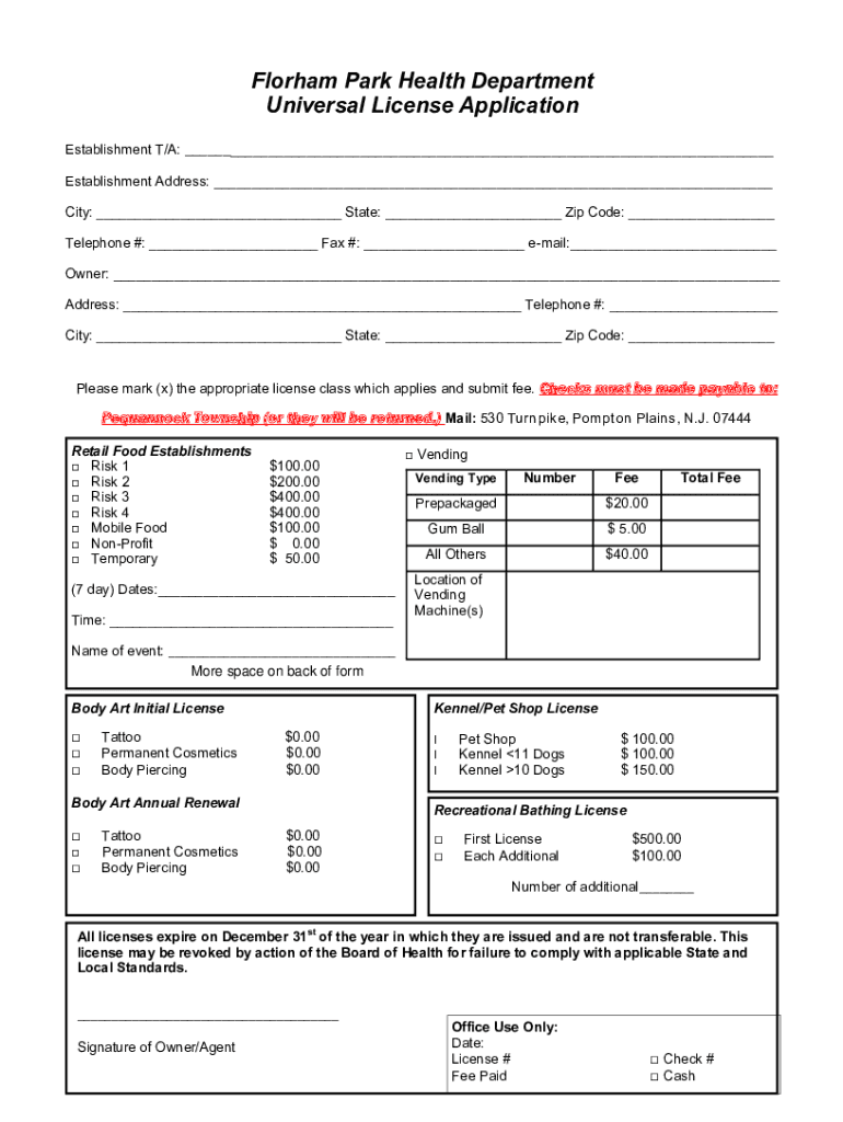 Fillable Online Florham Park Health Department Universal License ...