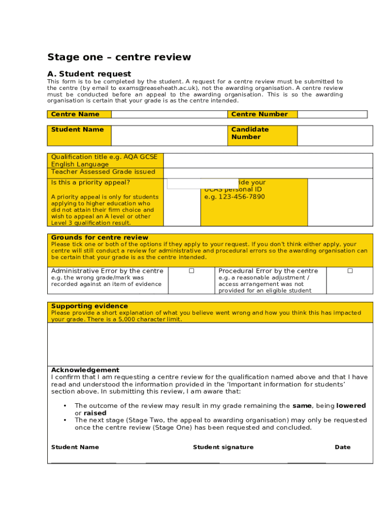 Stage one centre review Doc Template | pdfFiller