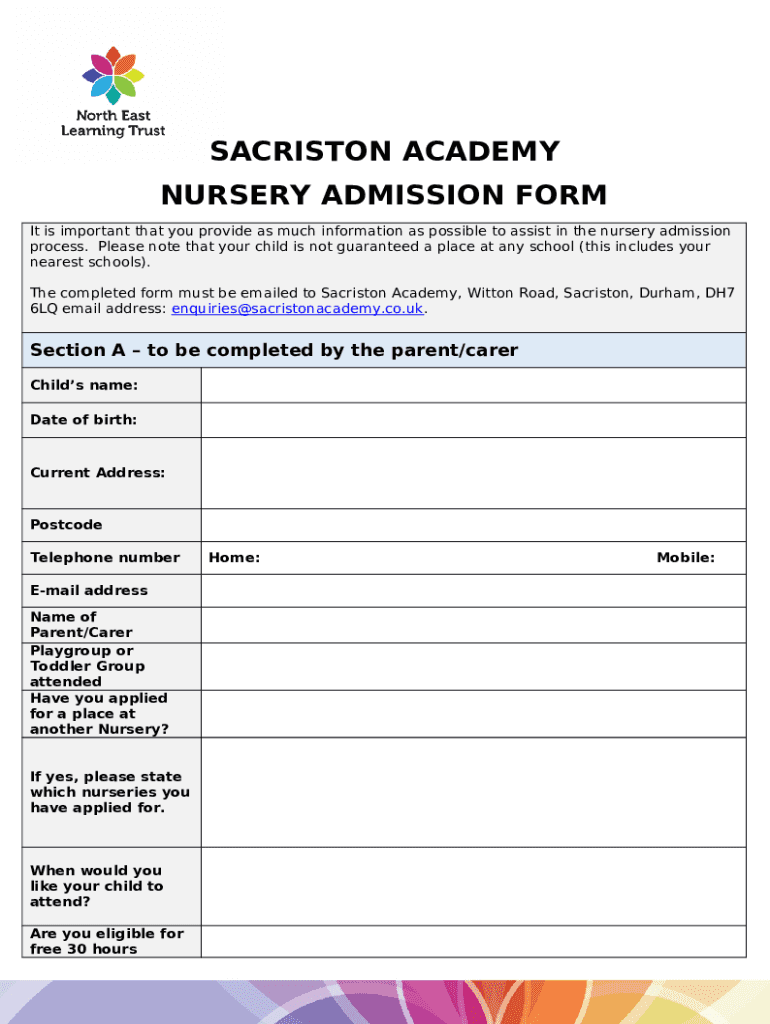 NELT Nursery admissions Doc Template | pdfFiller