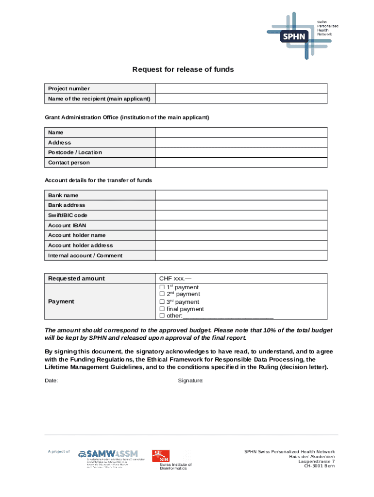 SPHN funds release Doc Template | pdfFiller