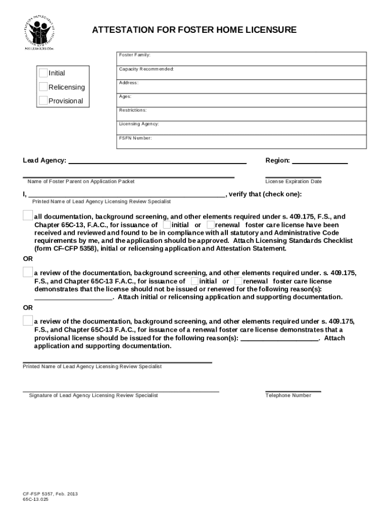 Licensing Attestation for Foster Home Licensure Doc Template | pdfFiller