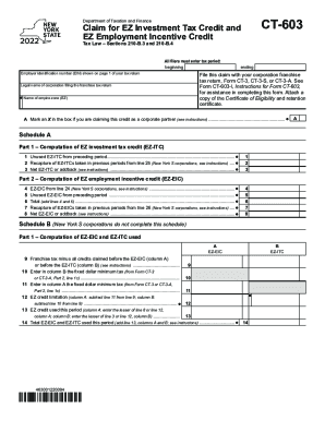Fillable Online Form CT-603 Claim for EZ Investment Tax Credit and EZ ...