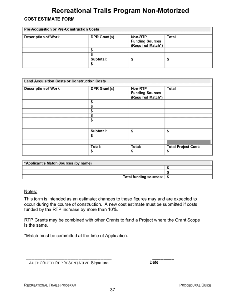 Fillable Online parks ca RTP Cost Estimate Form Fax Email Print - pdfFiller