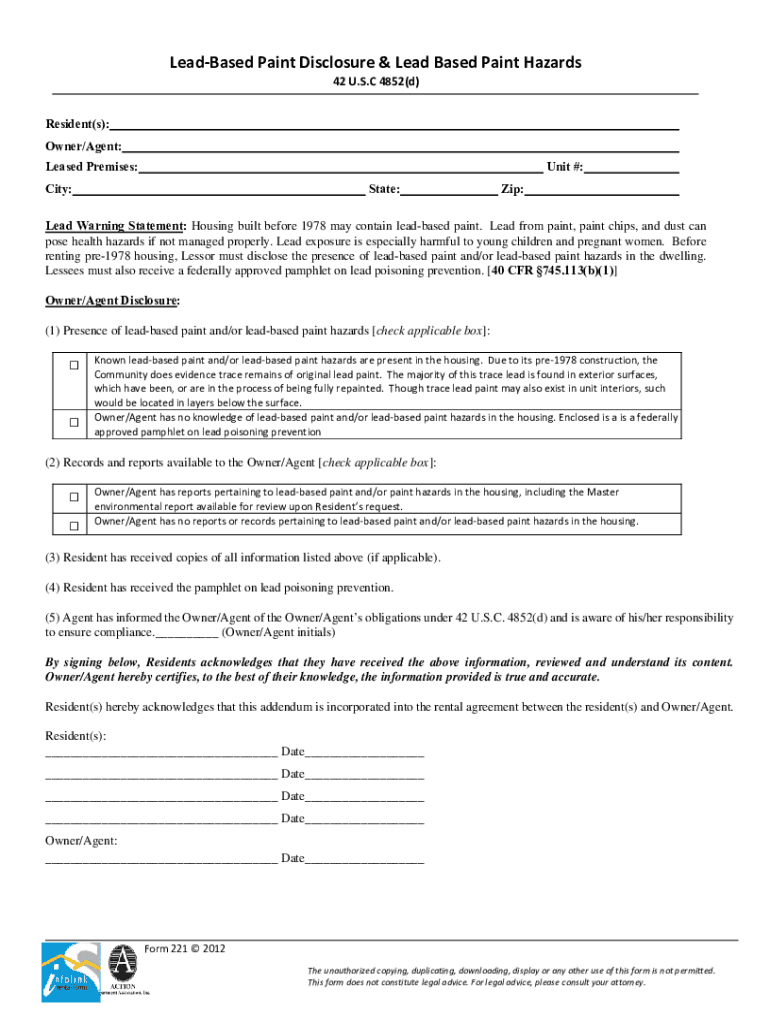 Fillable Online Lead-Based Paint Disclosure & Lead Based Paint Hazards ...