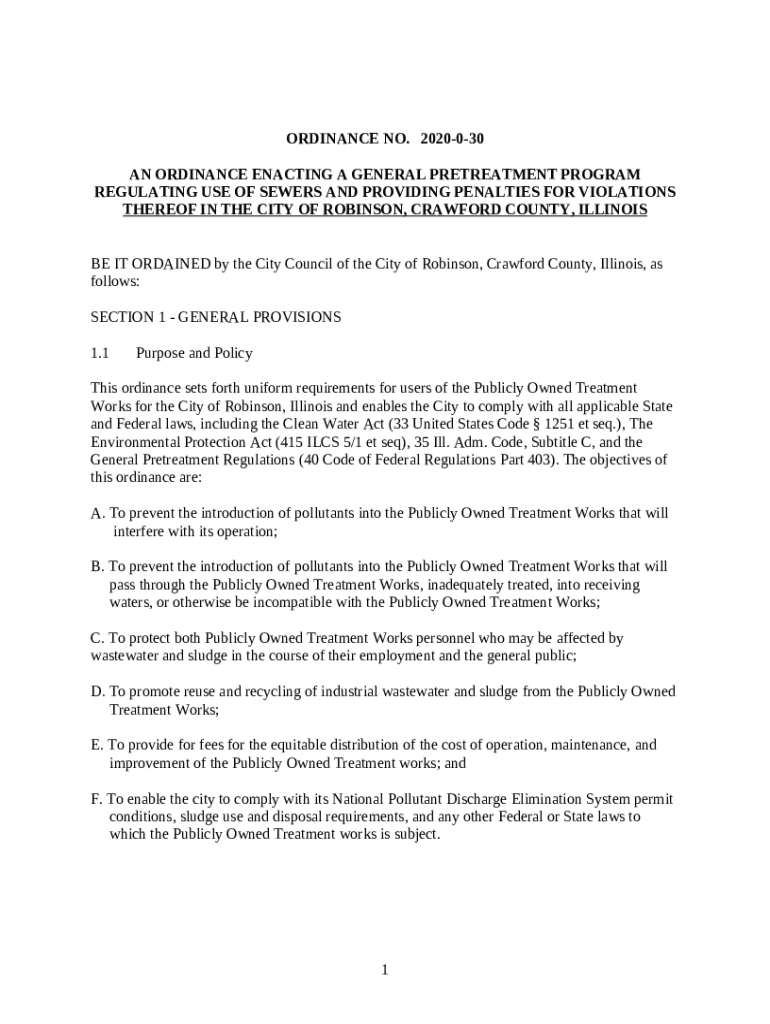 Waste Water Facility and Industrial Pretreatment Ordinance Doc Template | pdfFiller