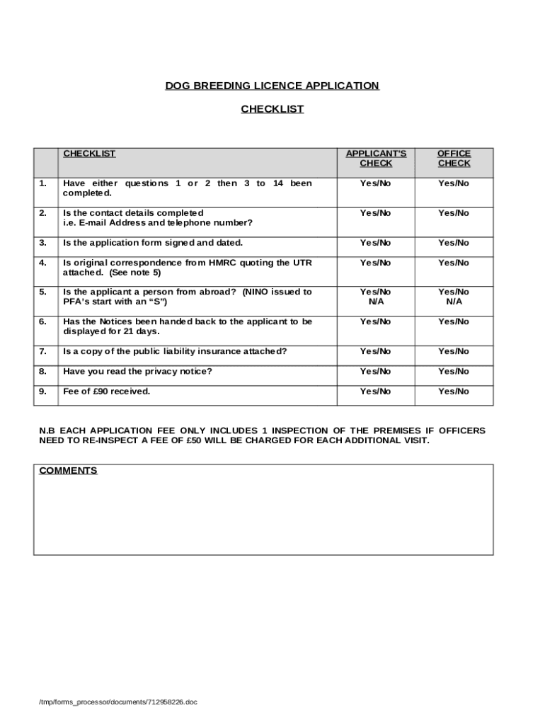 Breeding Establishment Licence Application - Check list Doc Template | pdfFiller