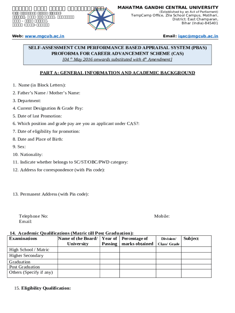 Proa of PBAS for Promotion of ... - mgcub ac Doc Template | pdfFiller