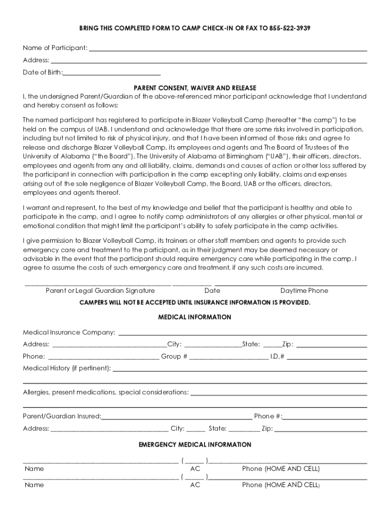 Fillable Online BRING THIS COMPLETED FORM TO CAMP CHECK-IN Fax Email ...