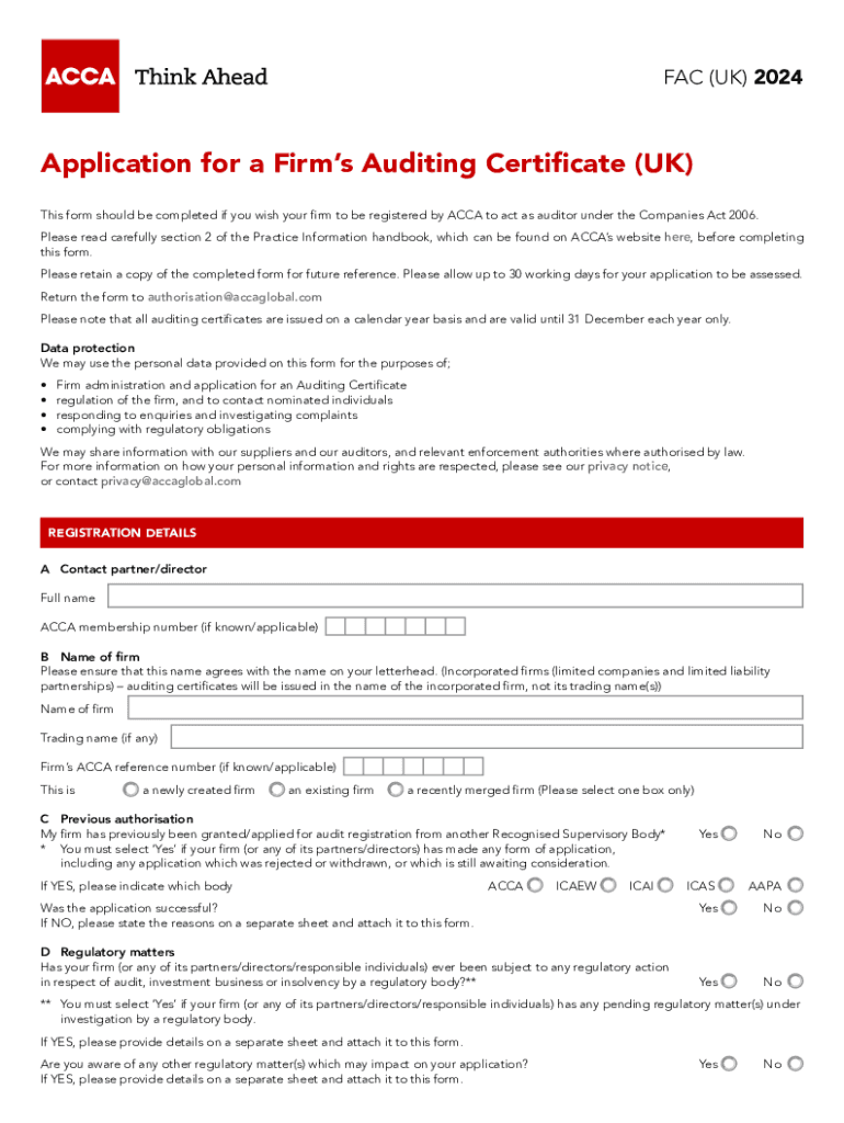 Fillable Online Application for a Firm s Auditing Certificate (Ireland ...