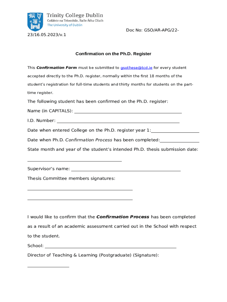 Confirmation on the PhD Register Doc Template | pdfFiller