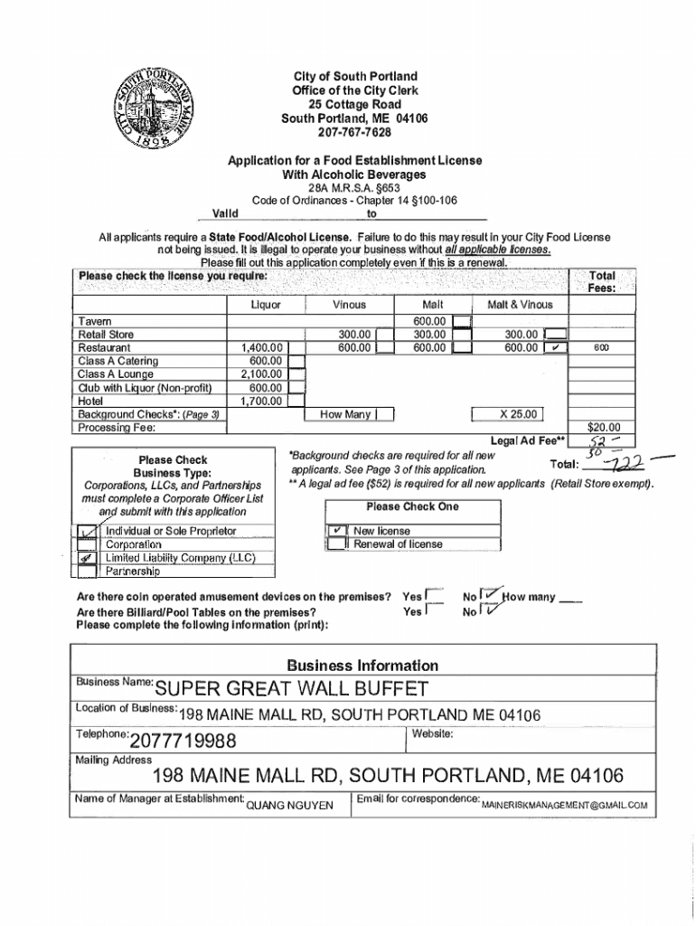 Fillable Online Application for a Food Establishment License without ...
