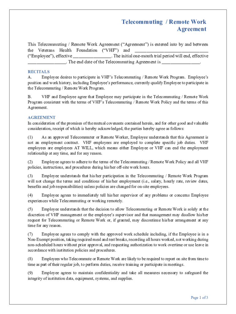 Fillable Online Telecommuting / Remote Work Agreement Fax Email Print ...