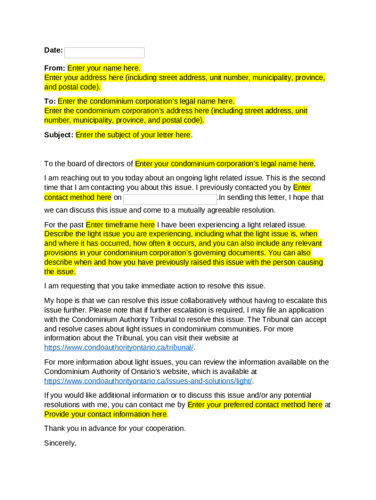To: Enter the condominium corporation's legal name here Doc Template ...