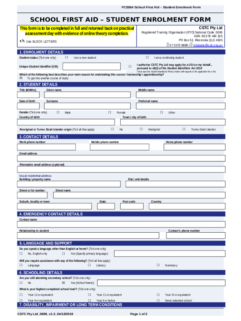 FCS064. Student Enrolment Doc Template | pdfFiller