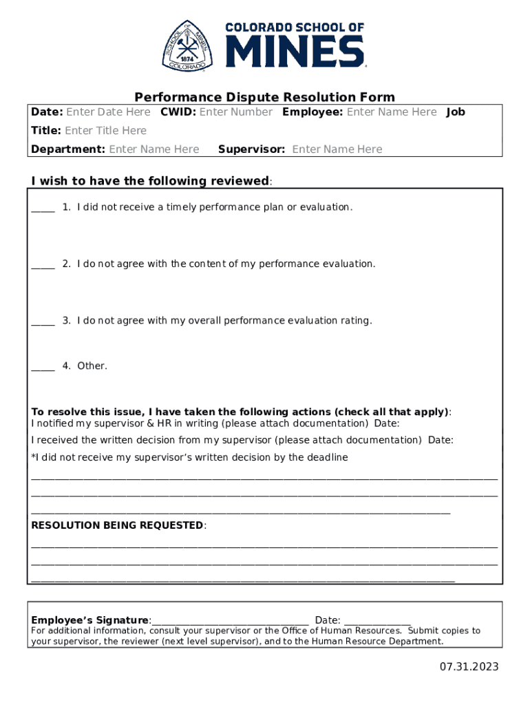 CSU Perance Management Dispute Resolution Doc Template | pdfFiller