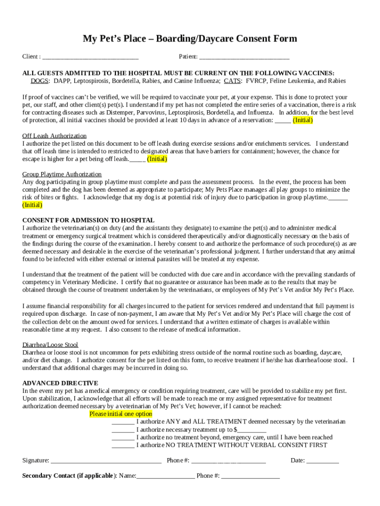 BOARDING CONSENT - Critter Care Animal Hospital Doc Template | pdfFiller