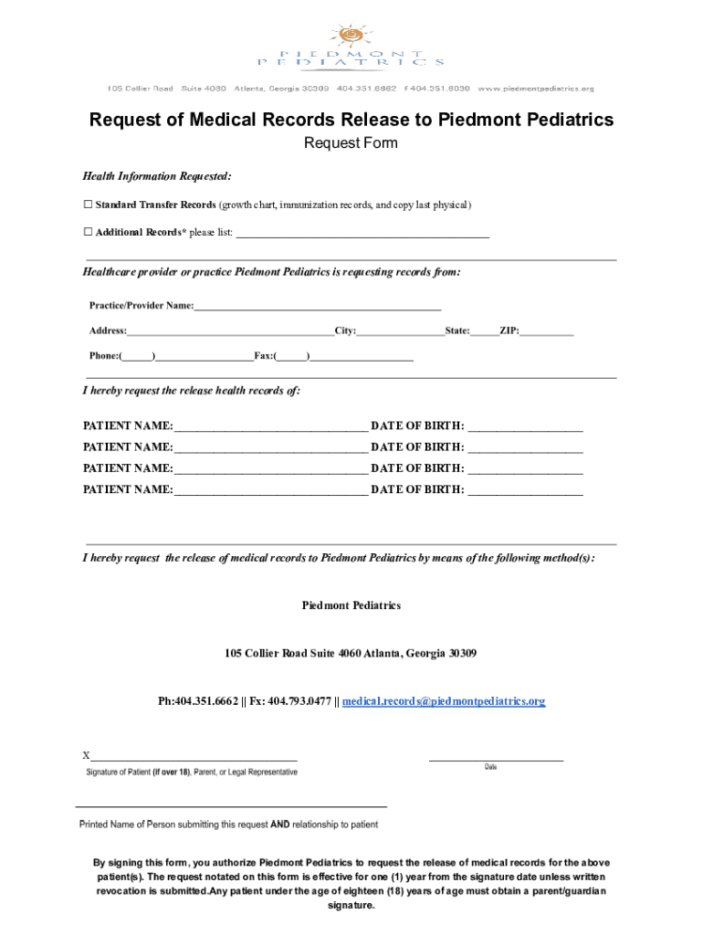 Fillable Online Authorization for Release of Information - Piedmont Pediatrics Fax Email Print ...