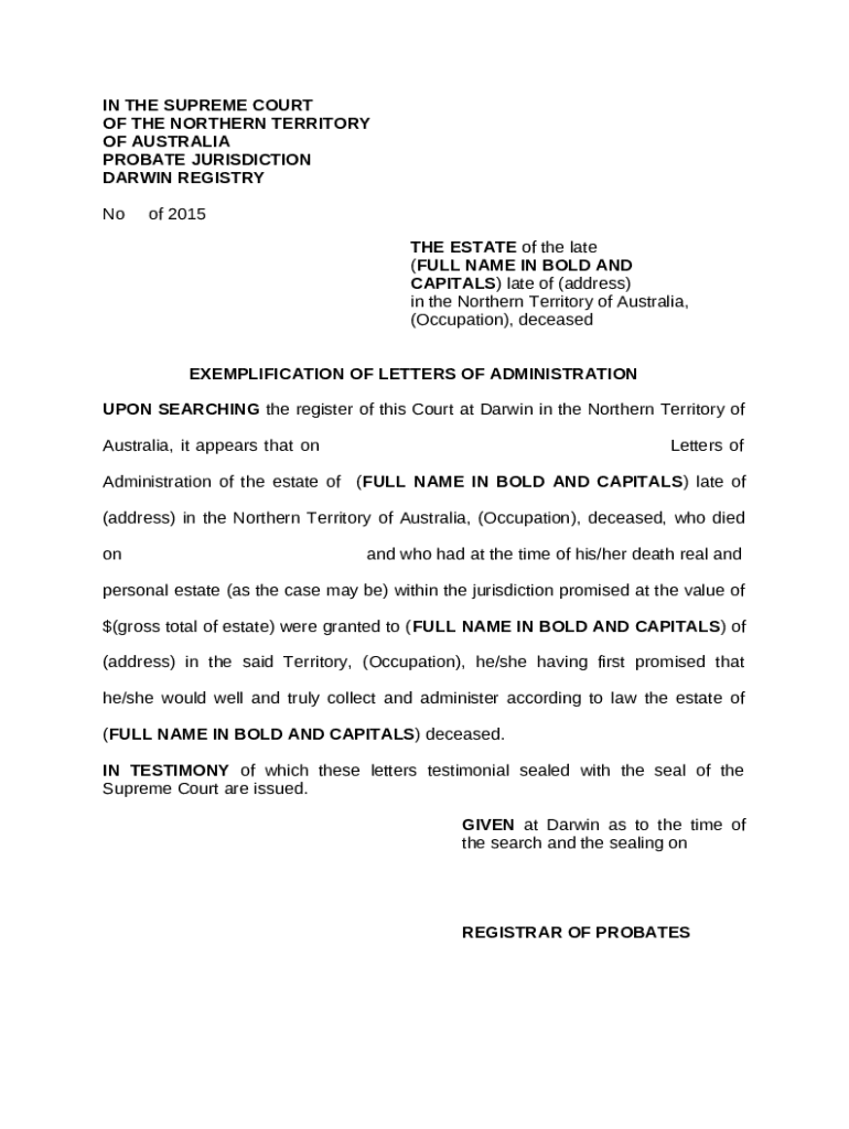 Probate In The NT - supremecourt nt gov Doc Template | pdfFiller