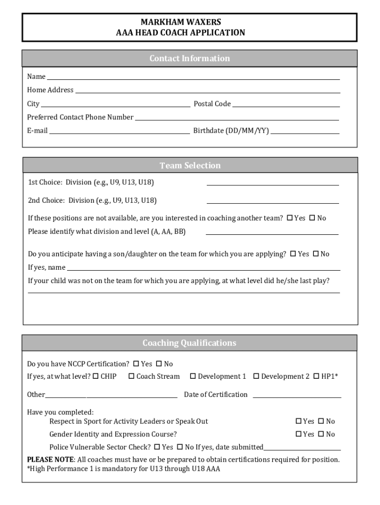 Fillable Online AAA Coach Applications, Waxers AAA (Markham Waxers) Fax Email Print - pdfFiller