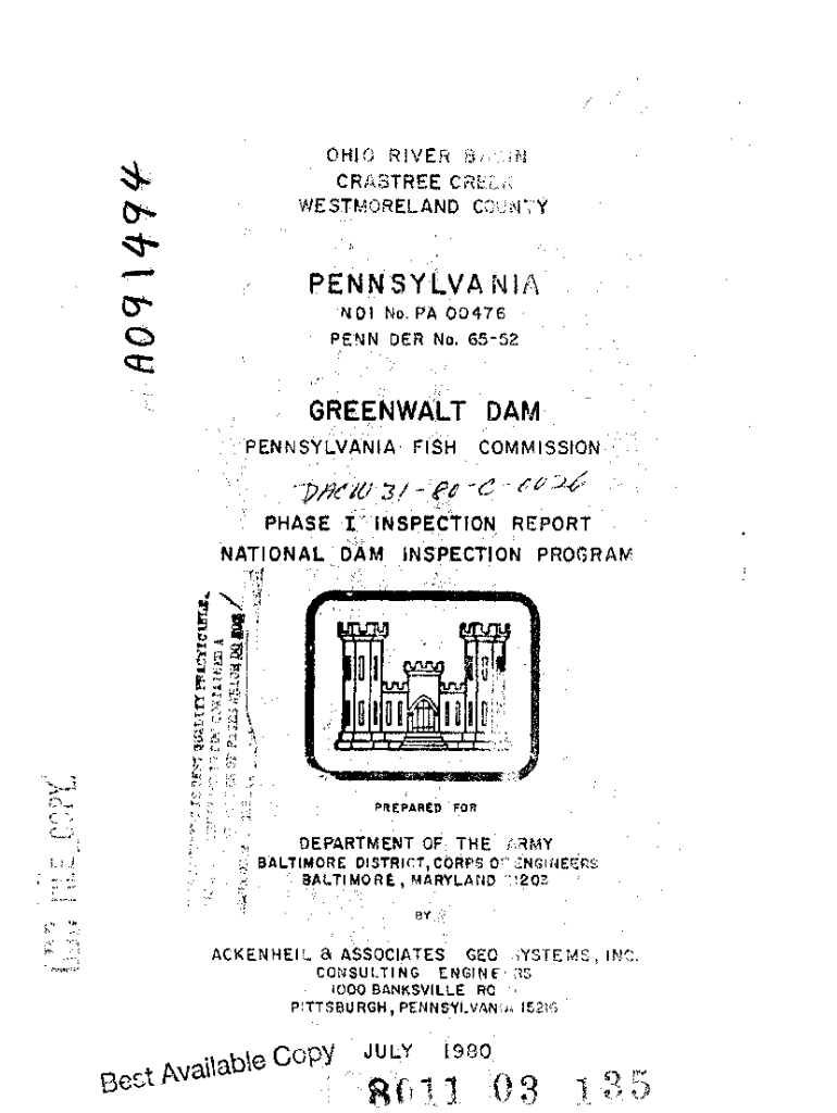 Fillable Online National Dam Inspection Program. Greenwalt Dam (NDI ...