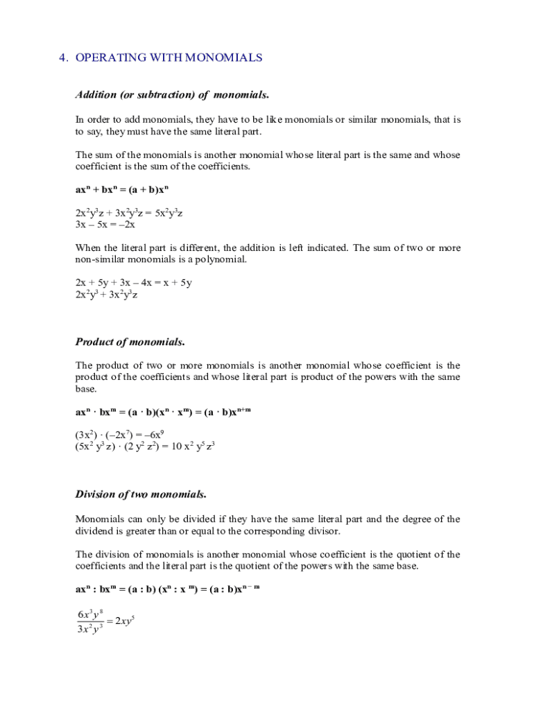 Fillable Online How to Add & Subtract Monomials - Lesson Fax Email ...
